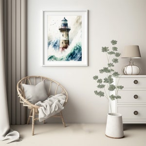Lighthouse Watercolor Painting, Nautical Printable Wall Art, Coastal Watercolor Print, Coastal ...