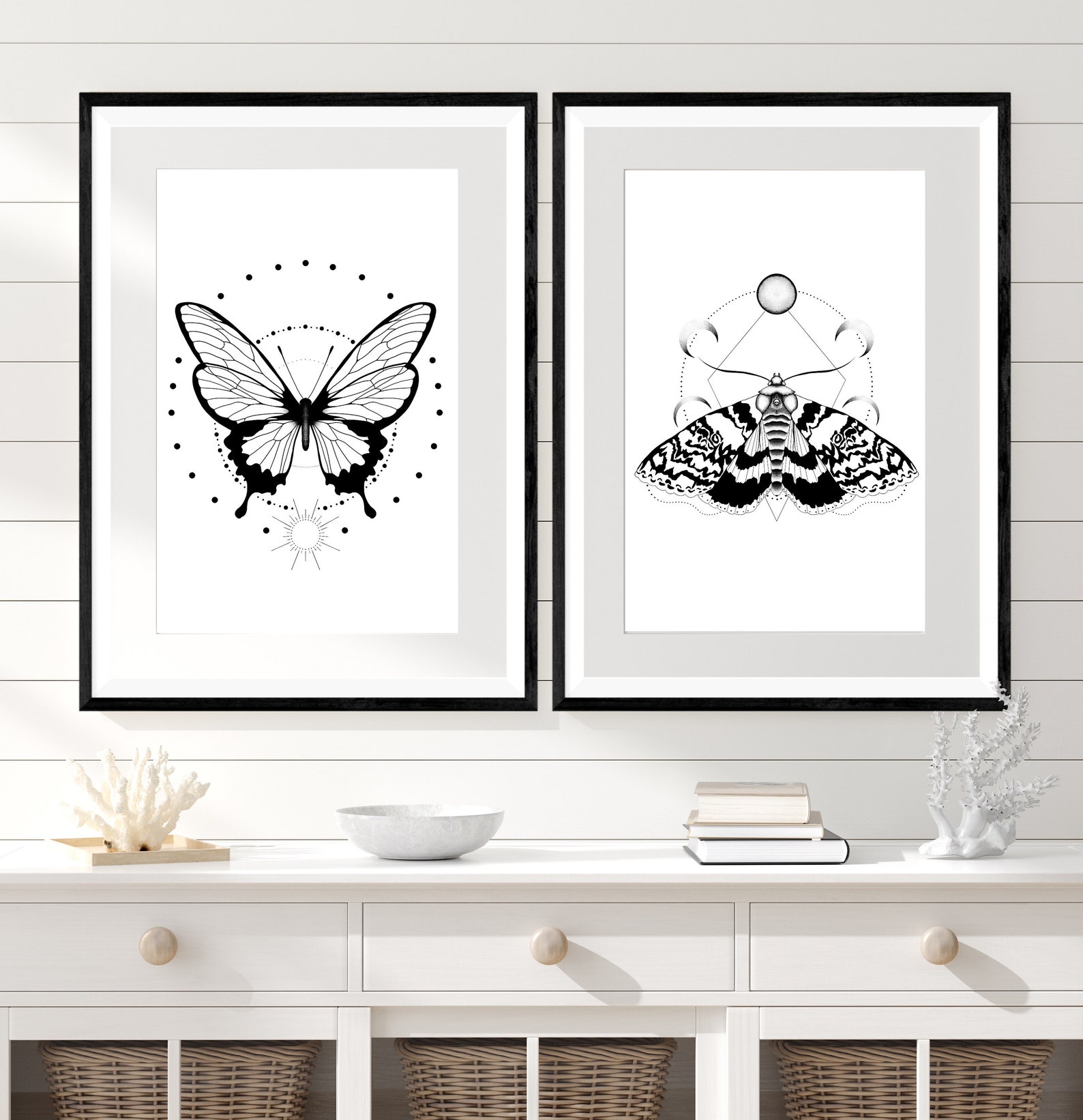 Moth Art Print Butterfly Art Print Sun and Moon Set of 2 - Etsy