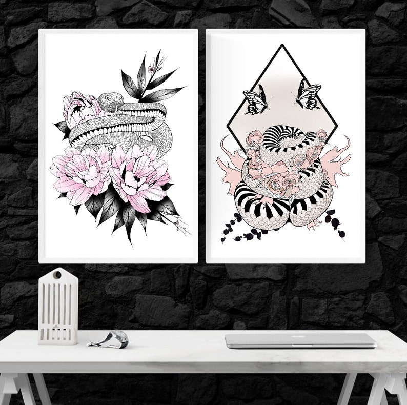 Snake Art Print Snake Decor Snake Floral Printable Wall - Etsy