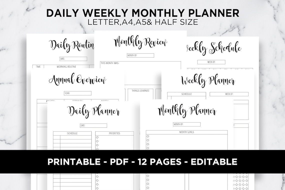 Daily Weekly Monthly Planner Daily Routine Editable A5 A4 - Etsy
