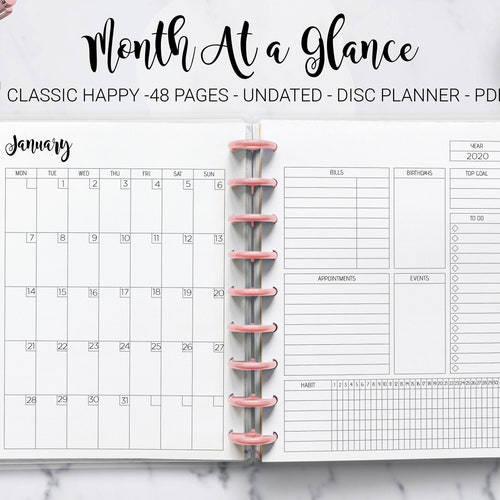 Month at a Glance Monthly Planner Calendar Undated Bill Habit - Etsy