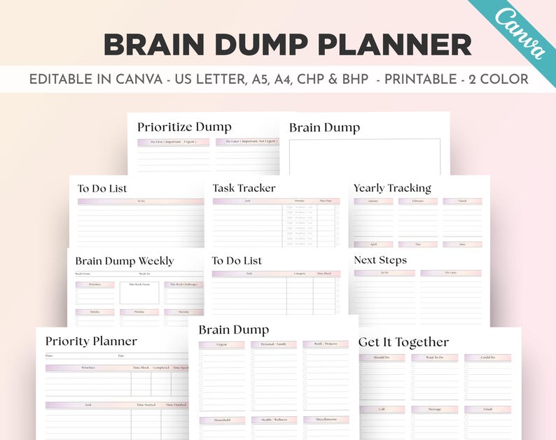 ADHD Brain Dump Printable Template, Planner A5 A4 Letter (canva Editable) - Etsy