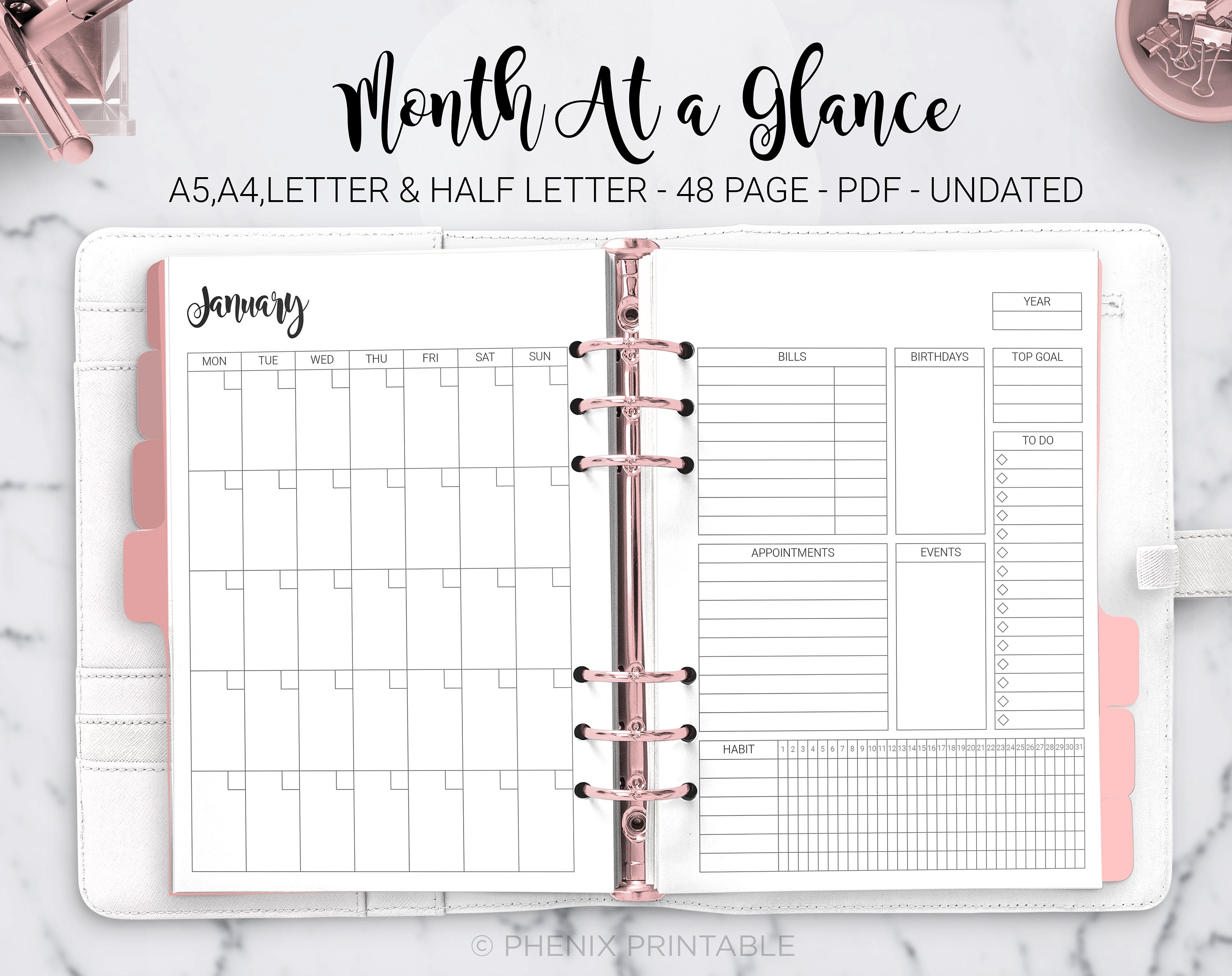 Month at a Glance Monthly Planner Calendar Undated Bill Habit | Etsy