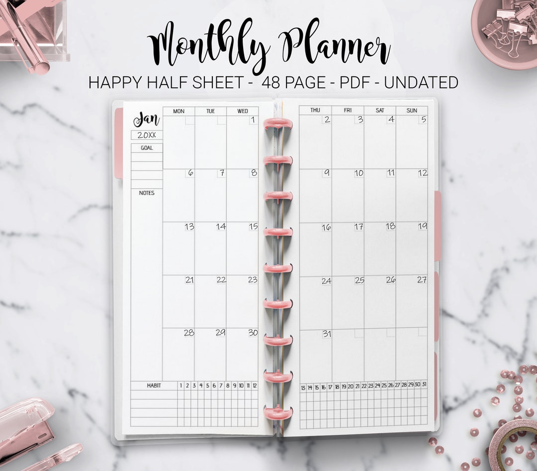 Undated Monthly Planner Inserts: Skinny Classic, Half Sheet (PDF ...