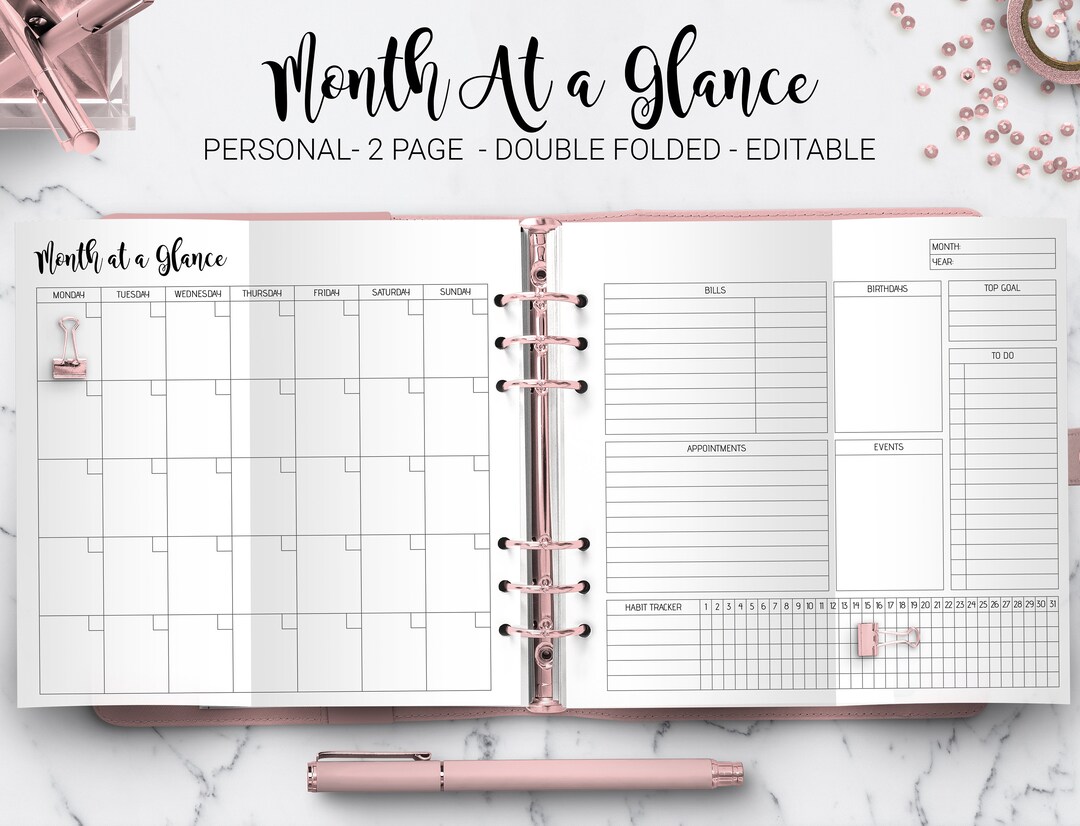 Month at a Glance Monthly Planner Undated Monthly Layout Agenda Foldout ...