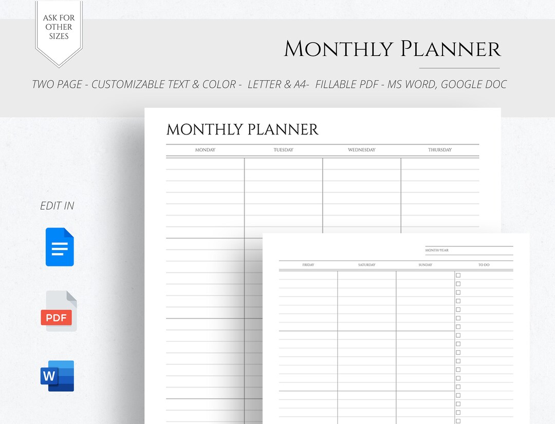 EDITABLE Undated Monthly Planner Month on 2 Page Month at a Glance ...