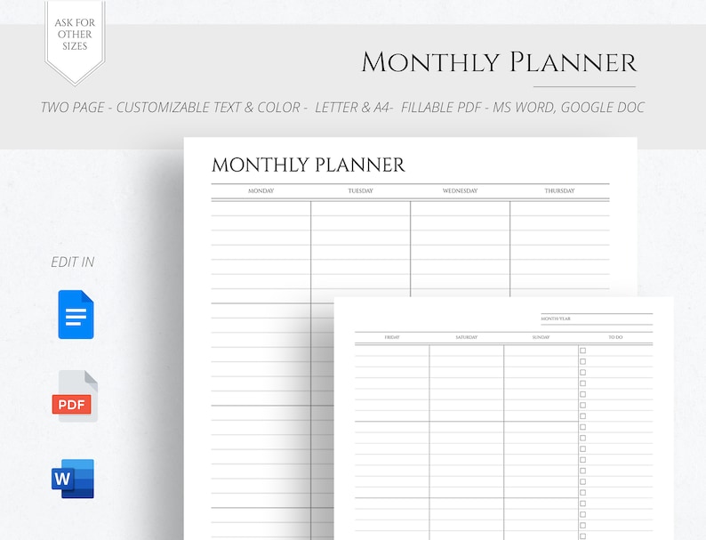 Editable Monthly Planner, Minimalist Month on 2 Pages (fillable PDF ...