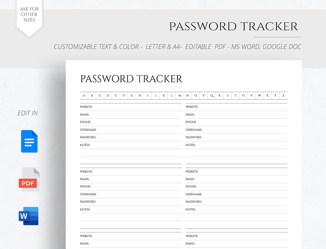 EDITABLE Password Tracker Printable & Fillable Password Log Password ...