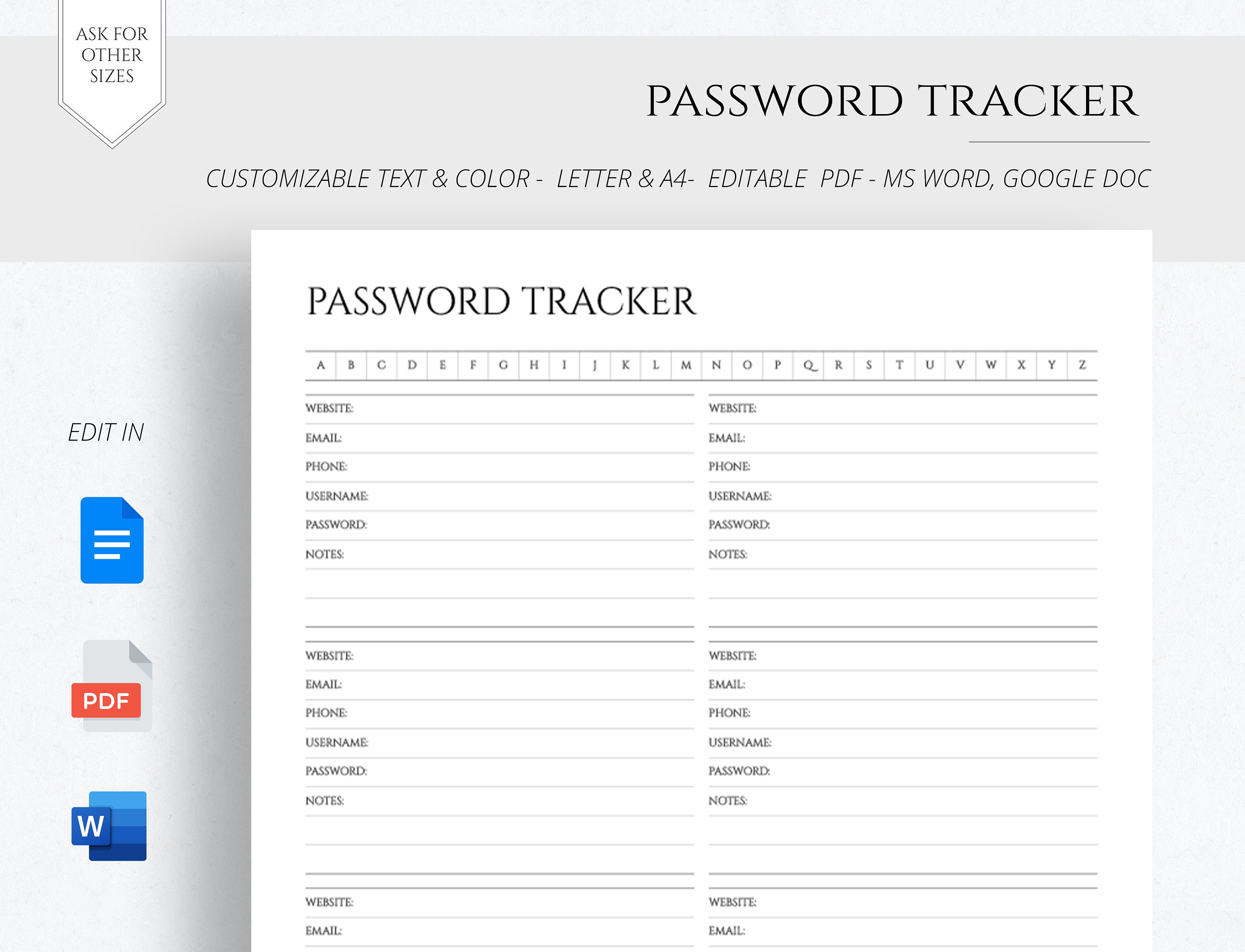 Editable Password Tracker Printable (PDF, MS Word, Google Doc) - Etsy
