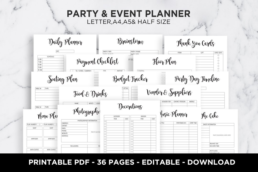 Party & Event Planner, Budget, Menu, To-do List (editable PDF) - Etsy