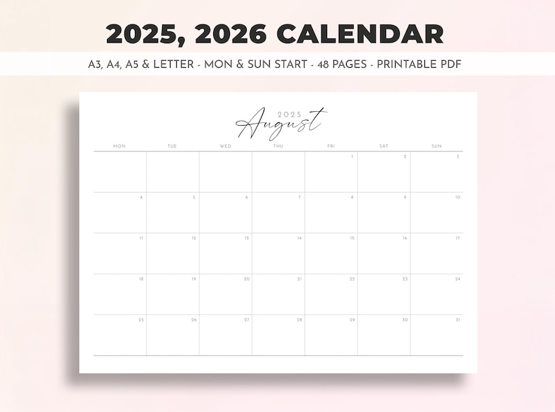 2025 Monthly Calendar Printable, A3 A4 A5 Letter Size (PDF) - Etsy