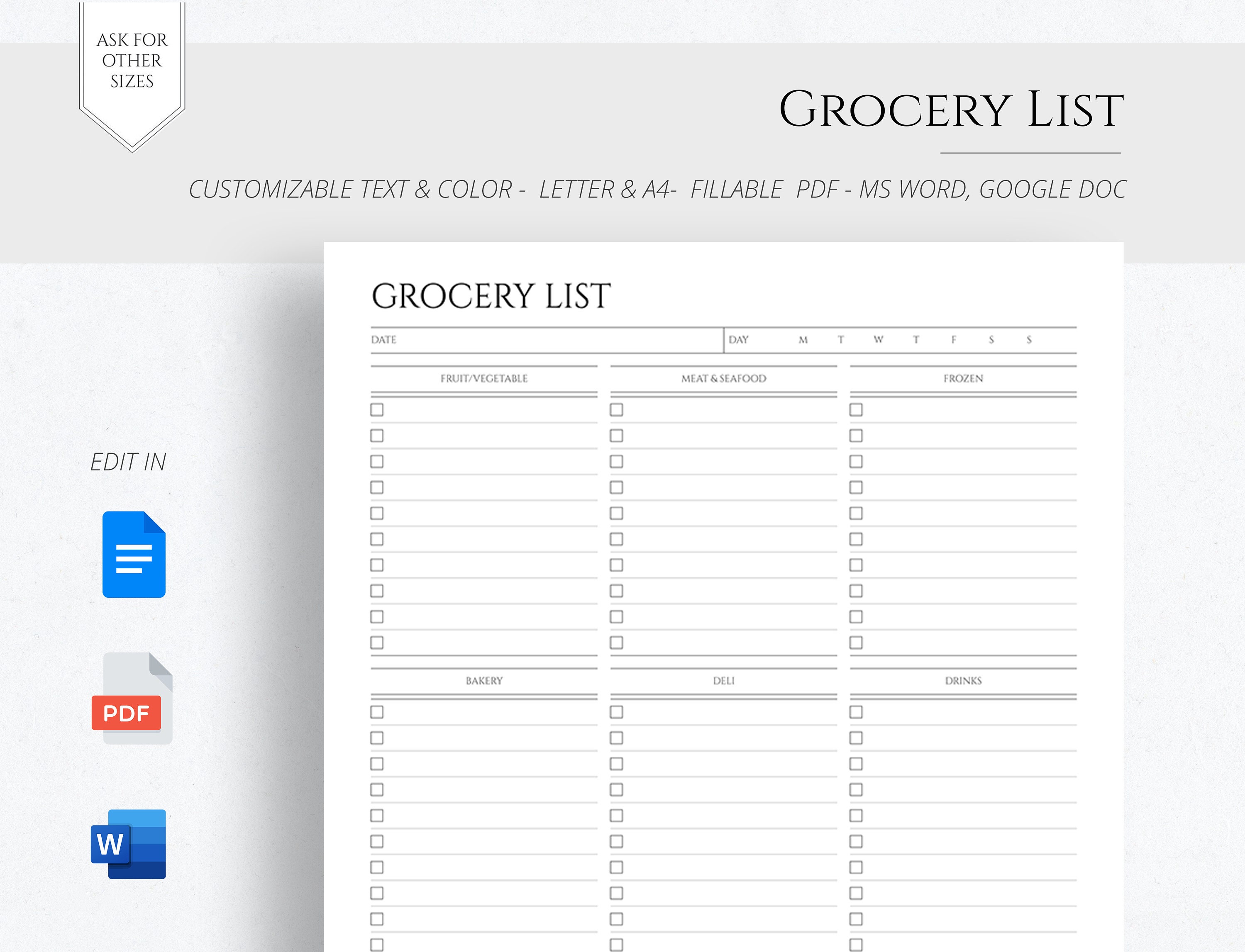 EDITABLE Grocery List Printable Template Grocery Planner Food - Etsy ...