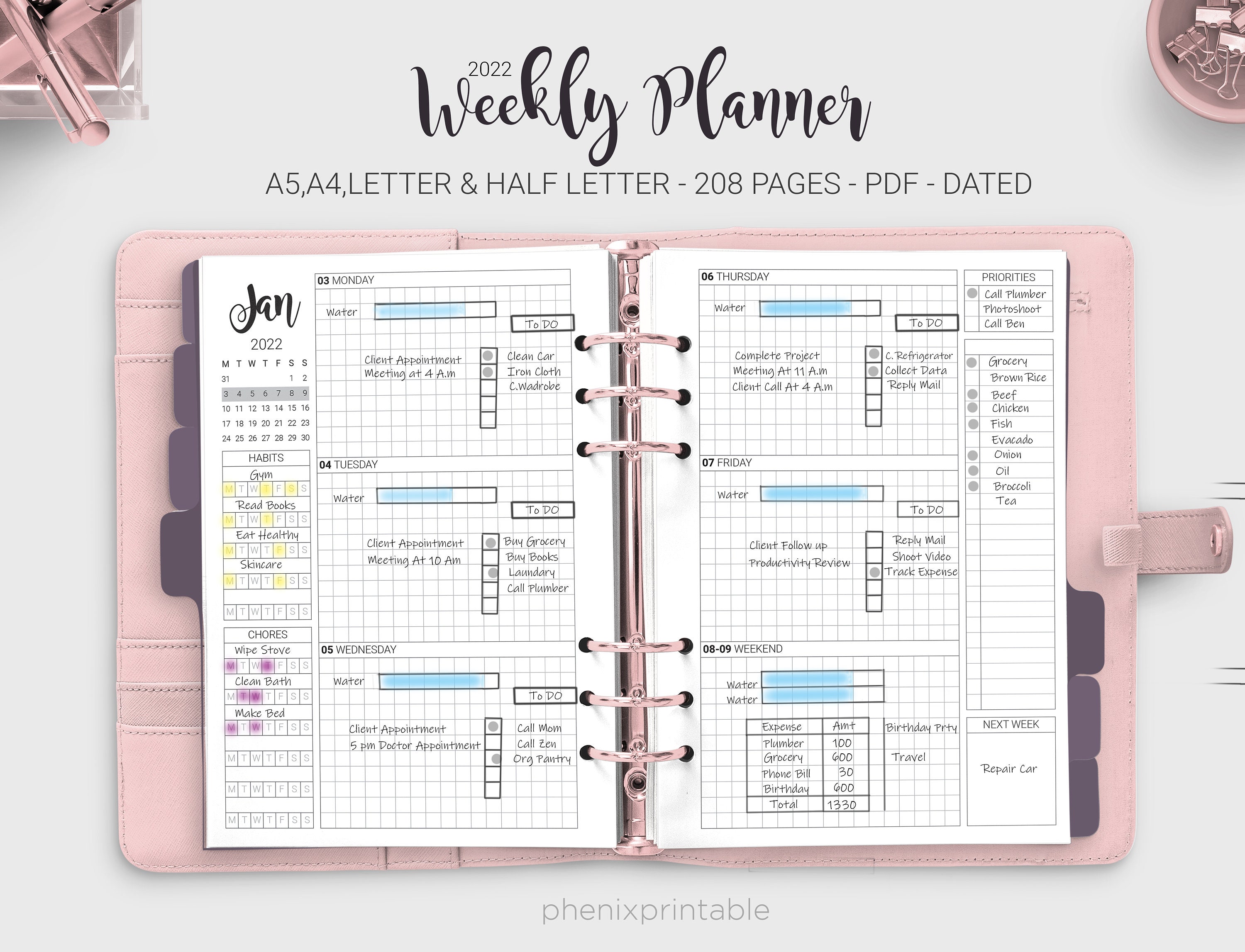 Paper & Party Supplies Editable Weekly Planner Weekly Checklist Habit ...