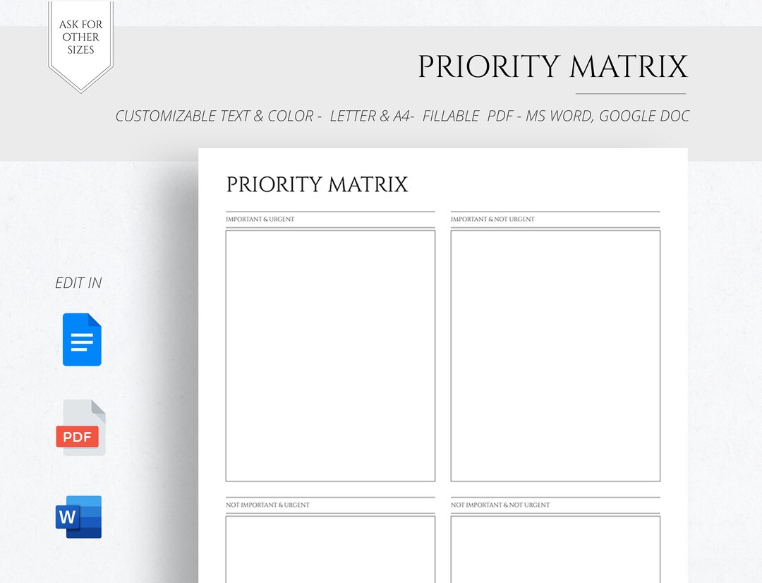 EDITABLE Priority Matrix Printable Decision Matrix Eisenhower Matrix My ...