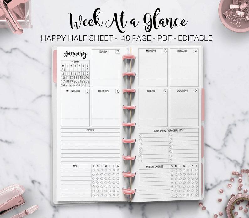 Weekly Planner Inserts, Skinny Classic Discbound, Half Sheet (PDF ...