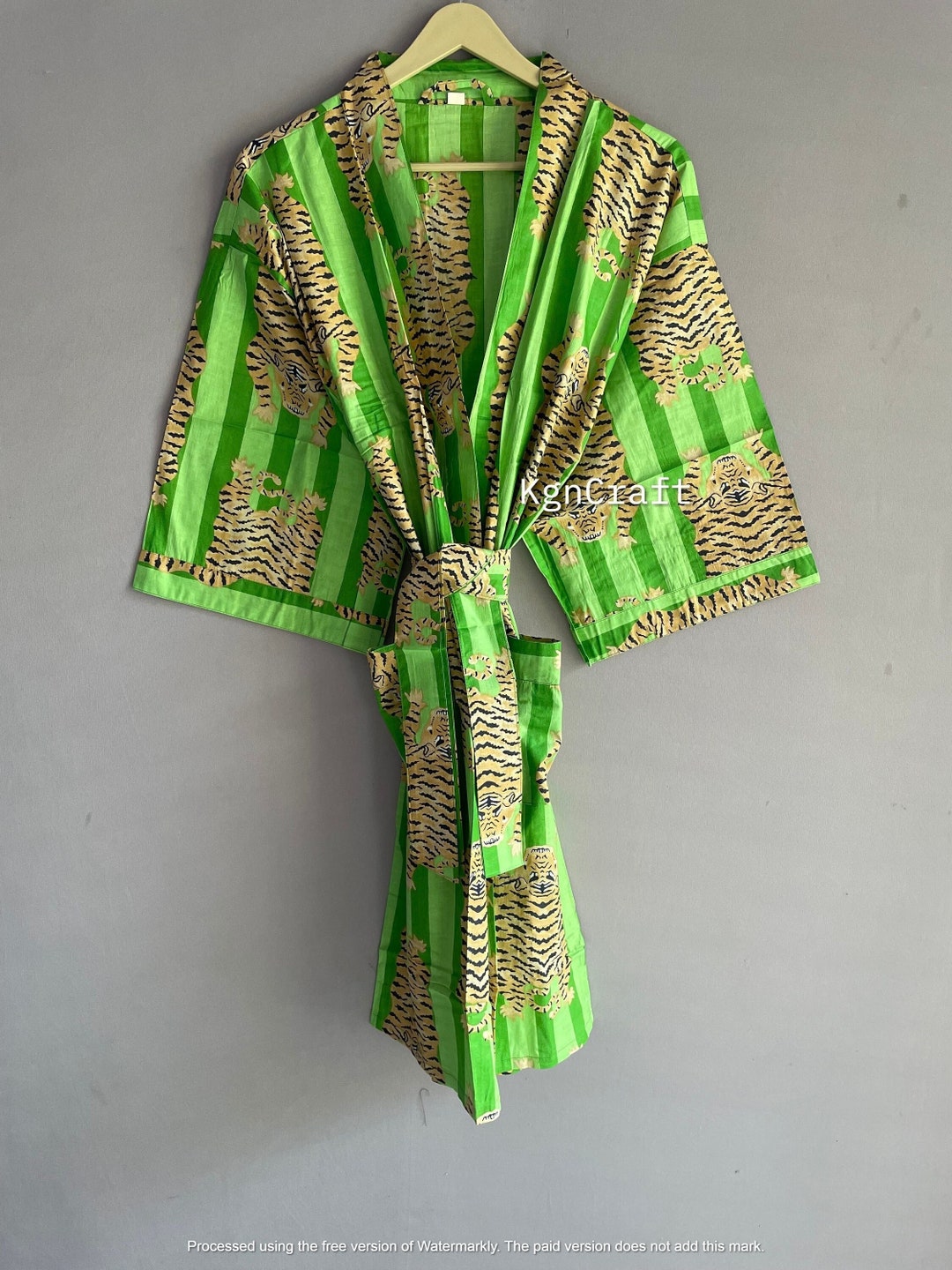Green Tiger Print Cotton Kimono Robe: Beach Cover-up - Etsy