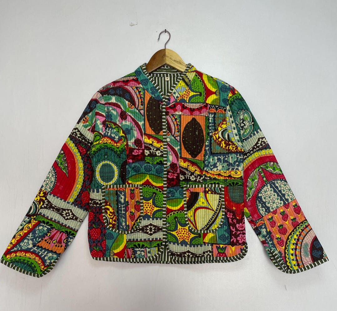 Multicolor Block Printed Cotton Jacket Long Sleeve Resort Wear Short ...