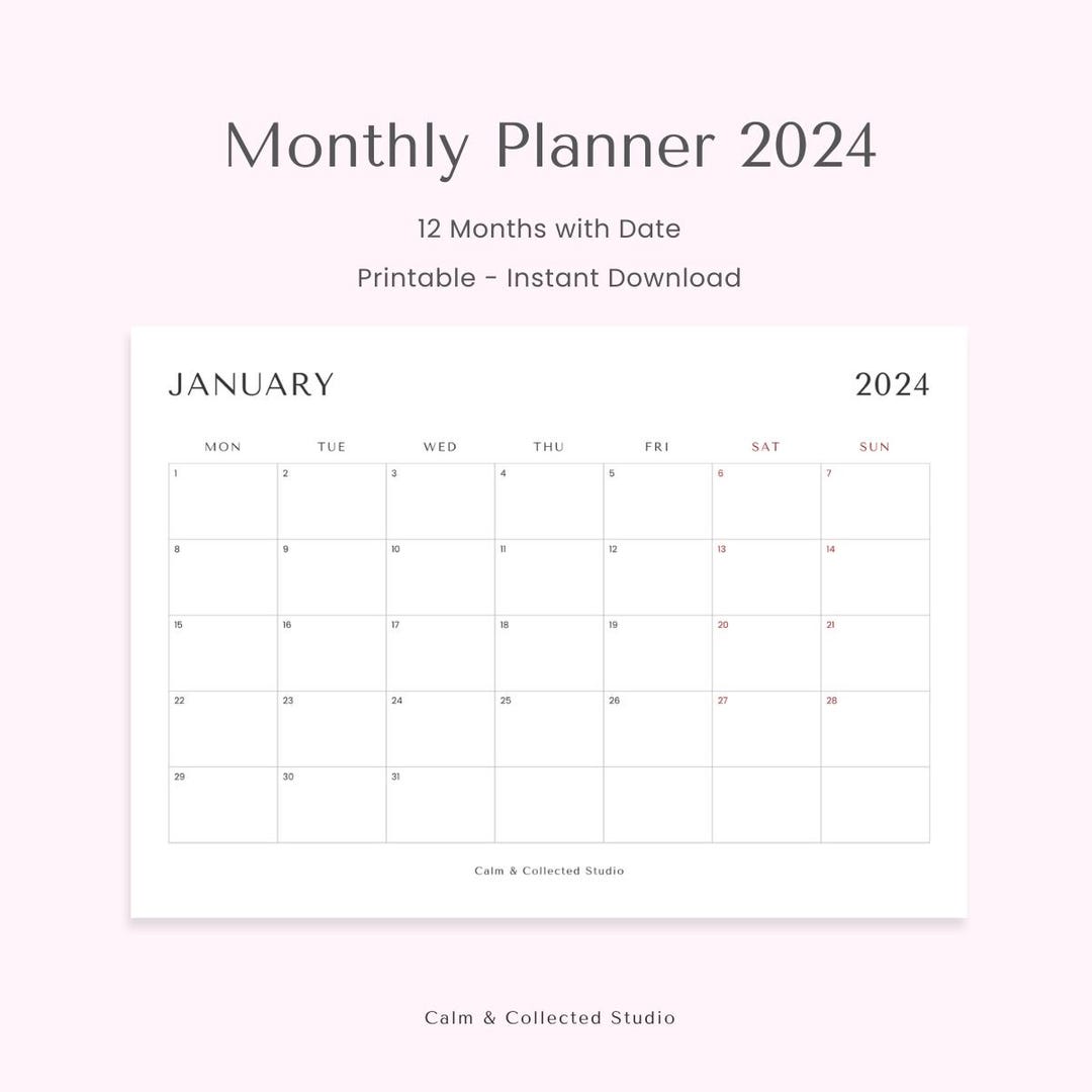 Monthly Planner 2024, Minimalist Planner, Printable Monthly Planner ...