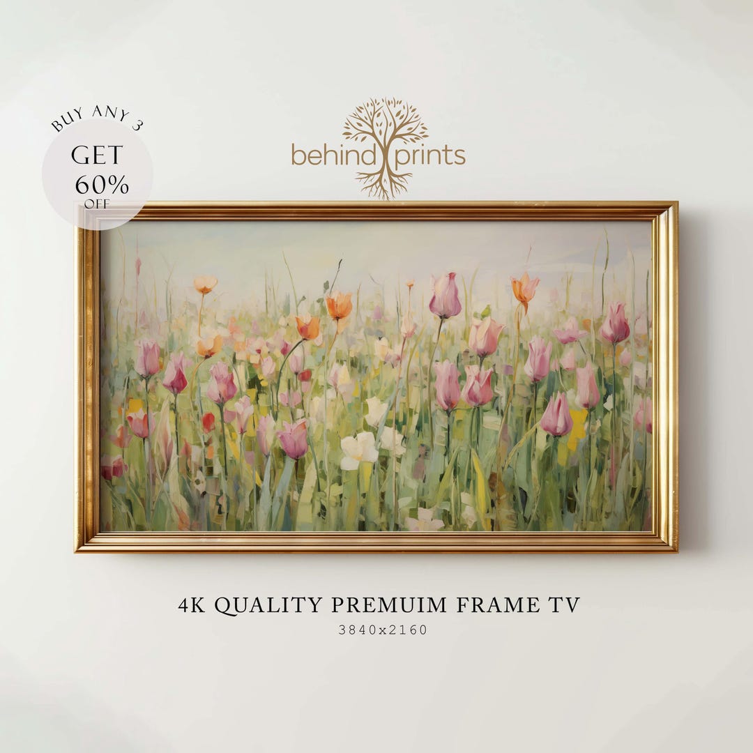 Colorful Spring Meadow Art for Samsung Frame TV, Lush Field With Pink ...