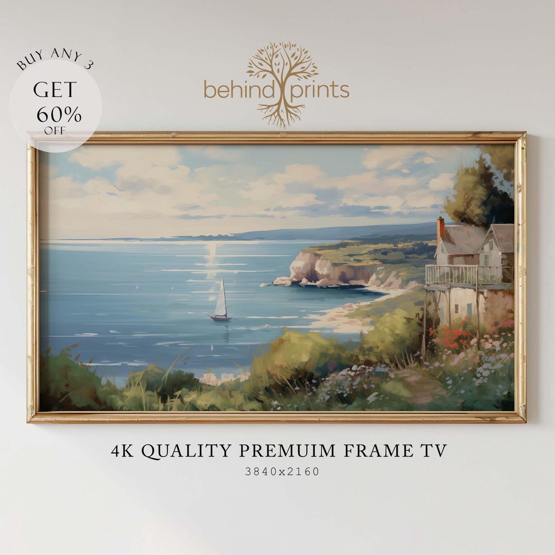 Coastal Cliff Landscape Art for Samsung Frame TV, Seaside Cottage and ...