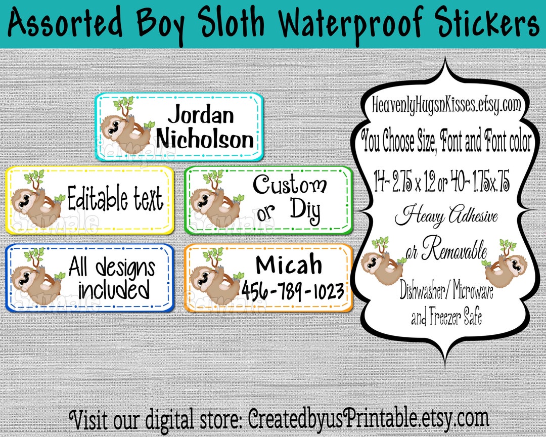 Boy Sloth Waterproof Kid's Labels Dishwasher Safe Name Labels Daycare ...