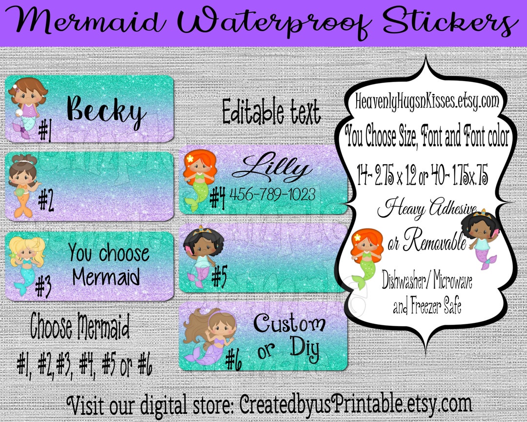Mermaid School Name Stickers Mermaid Dishwasher Safe Waterproof Kid's ...