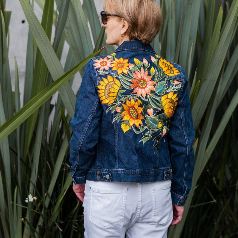 Sunflower Dark Blue Denim, Mexican Floral Embroidery Jean Jacket ...