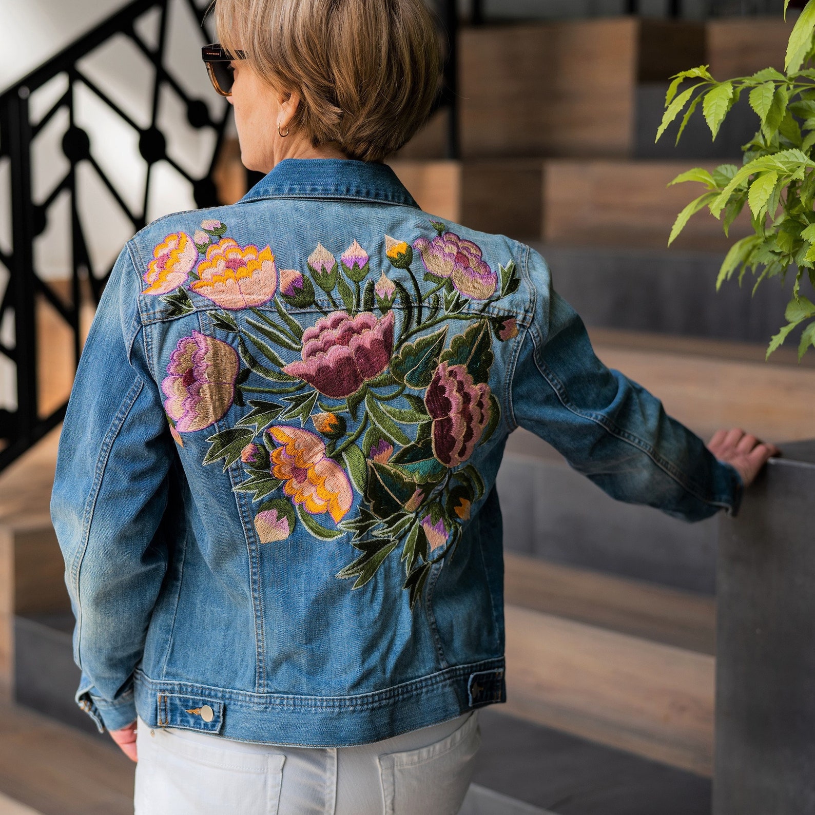 Condesa Sunset Light Blue Denim Jacket, Handmade Mexican Floral ...