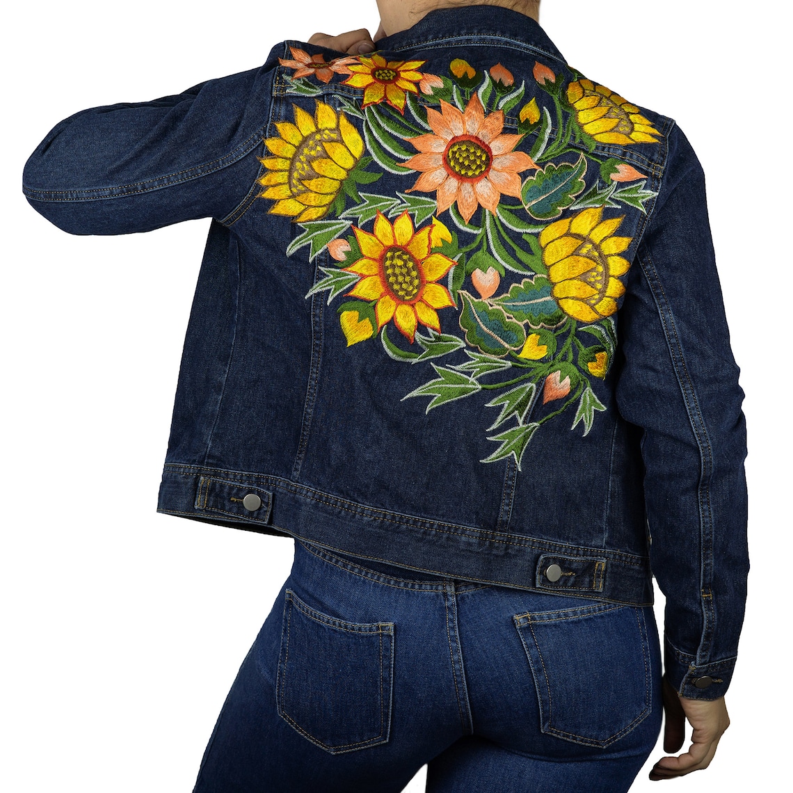 Sunflower Dark Blue Denim, Mexican Floral Embroidery Jean Jacket ...