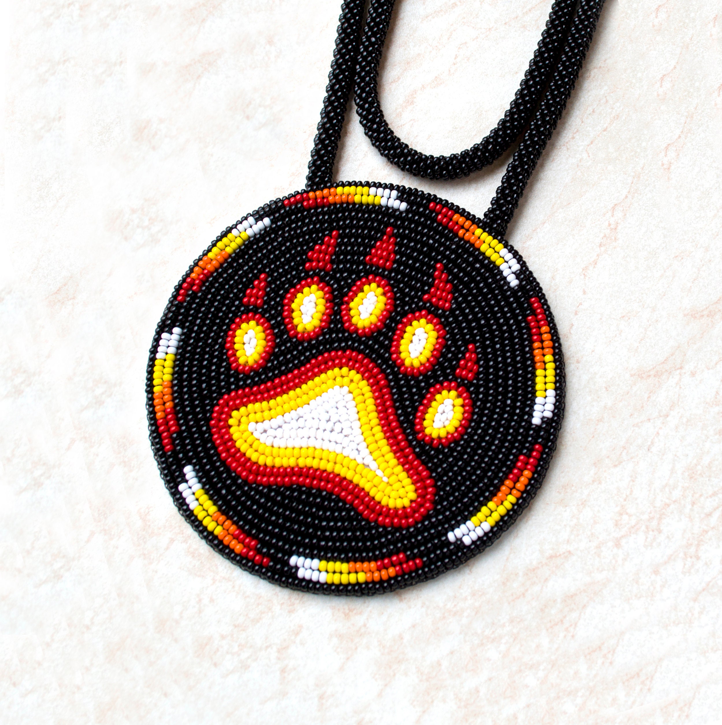 Native Bear Paw Medallion, Locket, Traditional Bear Paw Beaded Necklace ...