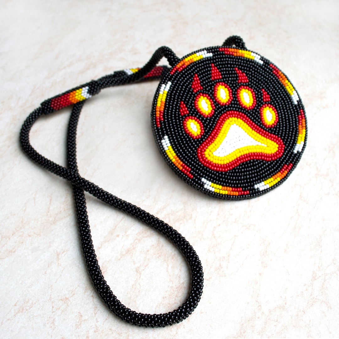 Native Bear Paw Medallion, Locket, Traditional Bear Paw Beaded Necklace ...
