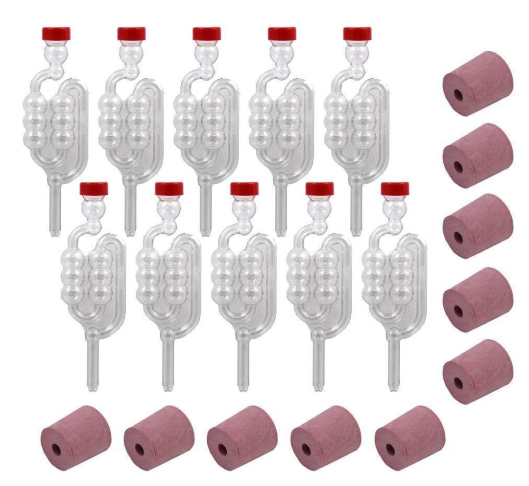 10 X Fermentation Airlocks & 10 X Bored Rubber Bungs Corks for Demijohn ...
