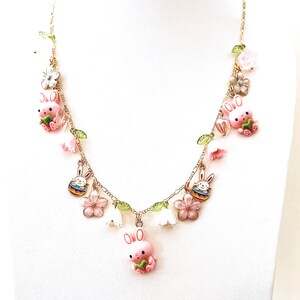Easter Bunny, Flower Multi Charm Necklace, Easter Bunny Flower Jewelry ...