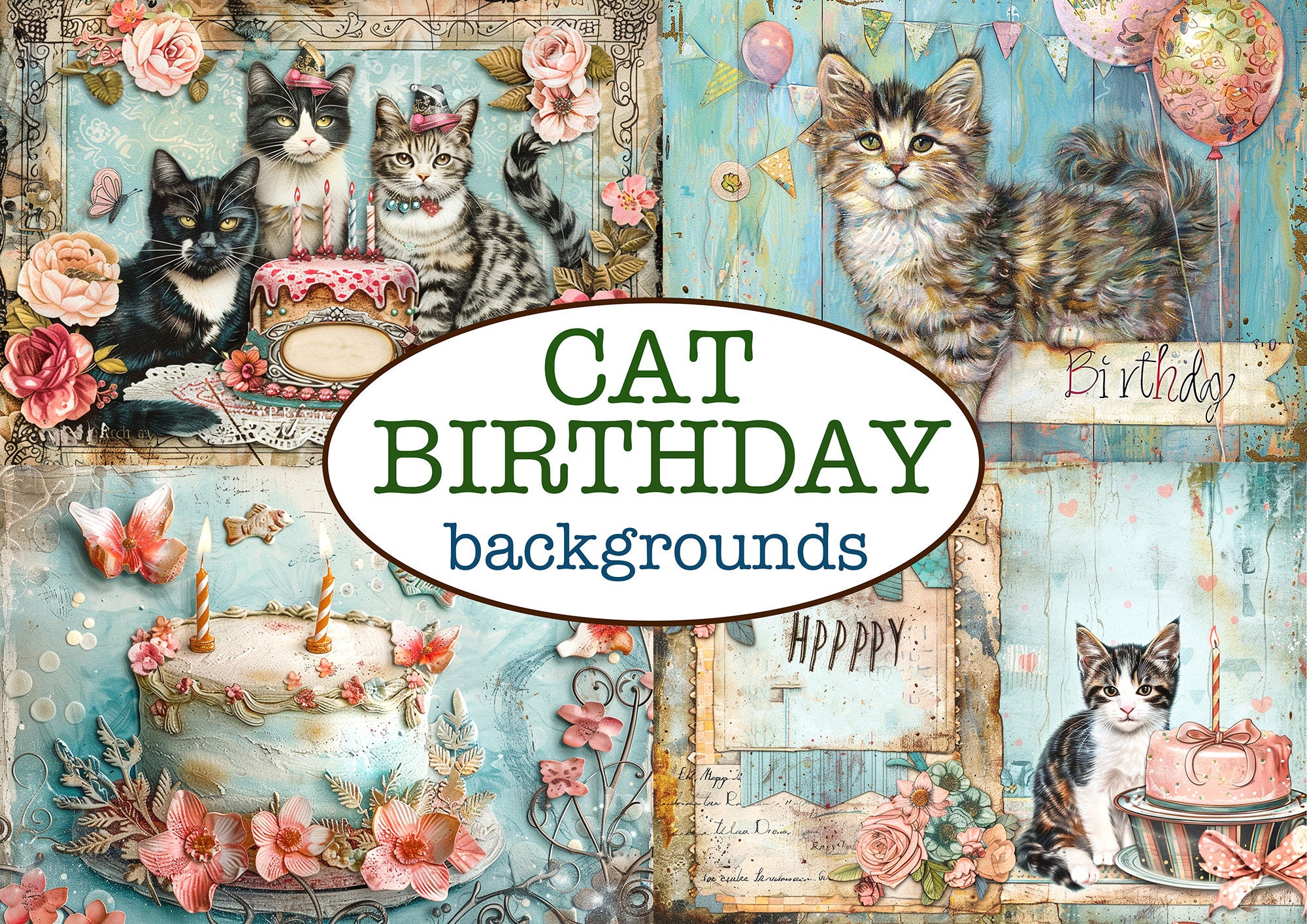 25 Printable BIRTHDAY CAT PAGES / Junk Journal / Animals Scrapbooking ...