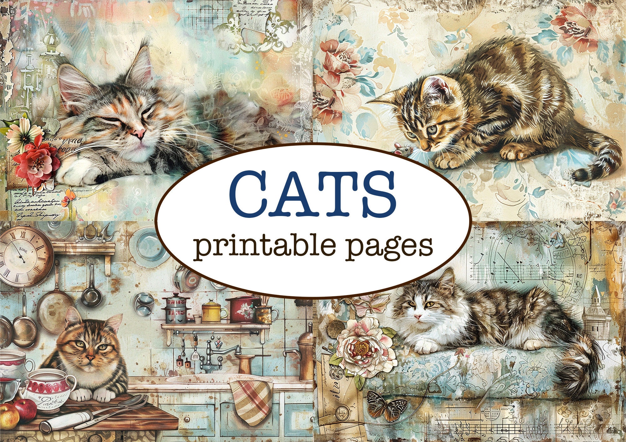 25 Printable CAT PAGES / Junk Journal / Animals Scrapbooking Paper ...
