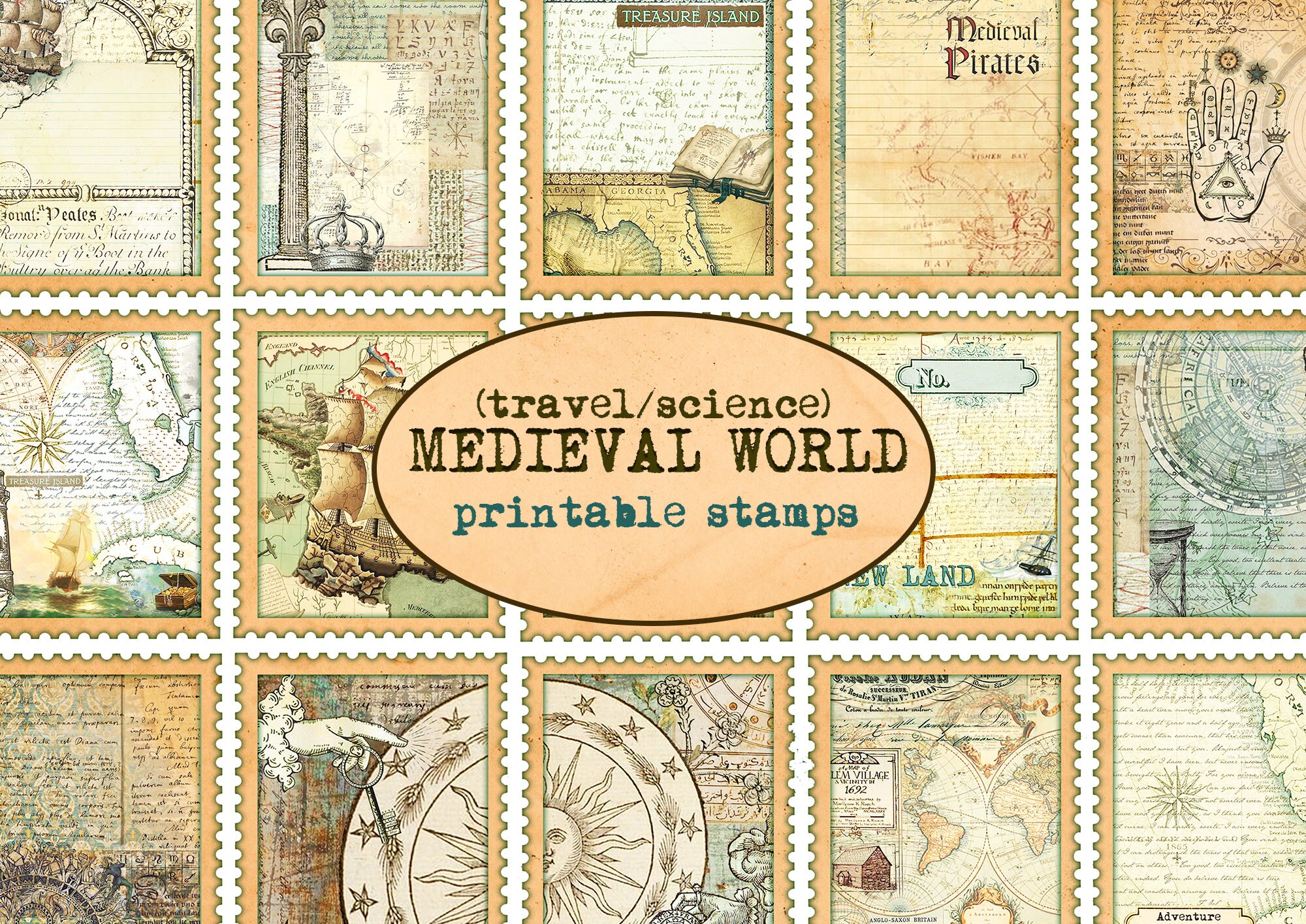 MEDIEVAL WORLD Printable Stamps/tags 15 Elements/ Printable - Etsy UK