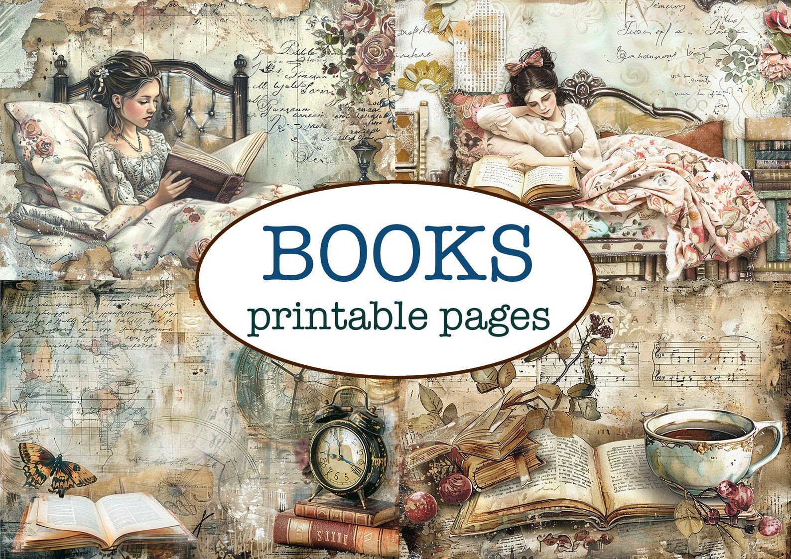 25 Printable BOOK PAGES / Reading Themed Junk Journal / Scrapbooking ...