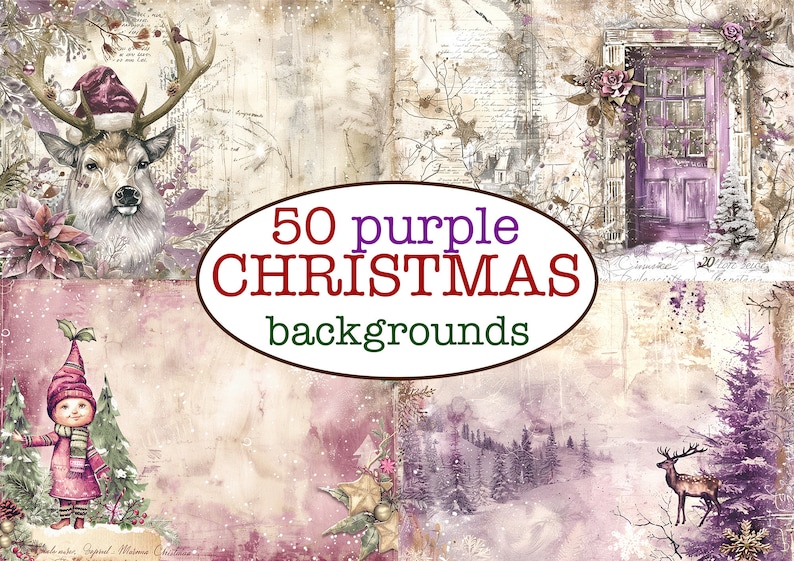 50 Printable PURPLE CHRISTMAS PAGES / Printable Junk Journal / Vintage ...