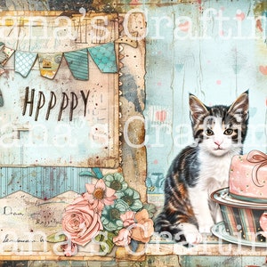 25 Printable BIRTHDAY CAT PAGES / Junk Journal / Animals Scrapbooking ...