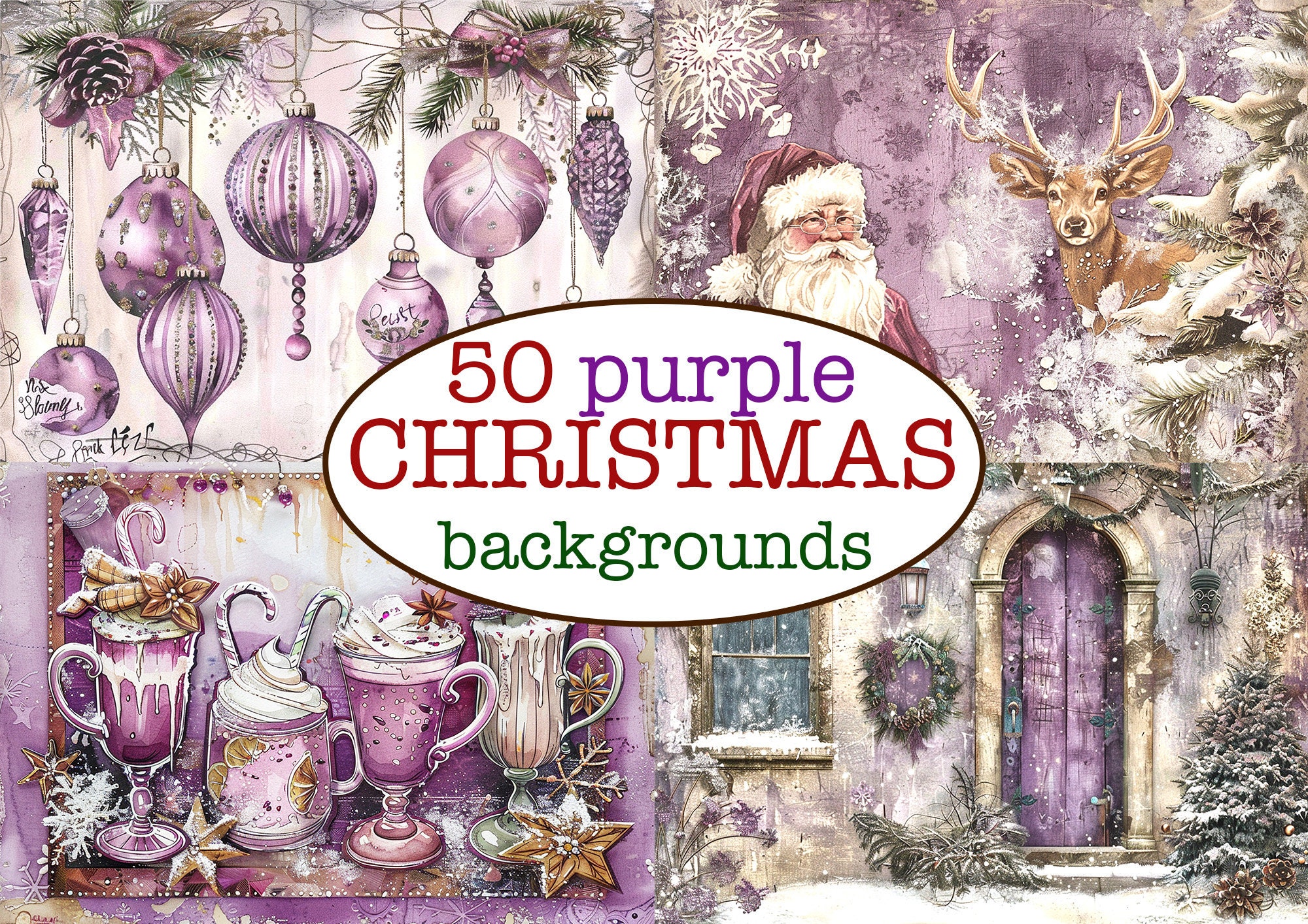 50 Printable PURPLE CHRISTMAS PAGES / Printable Junk Journal / Vintage ...