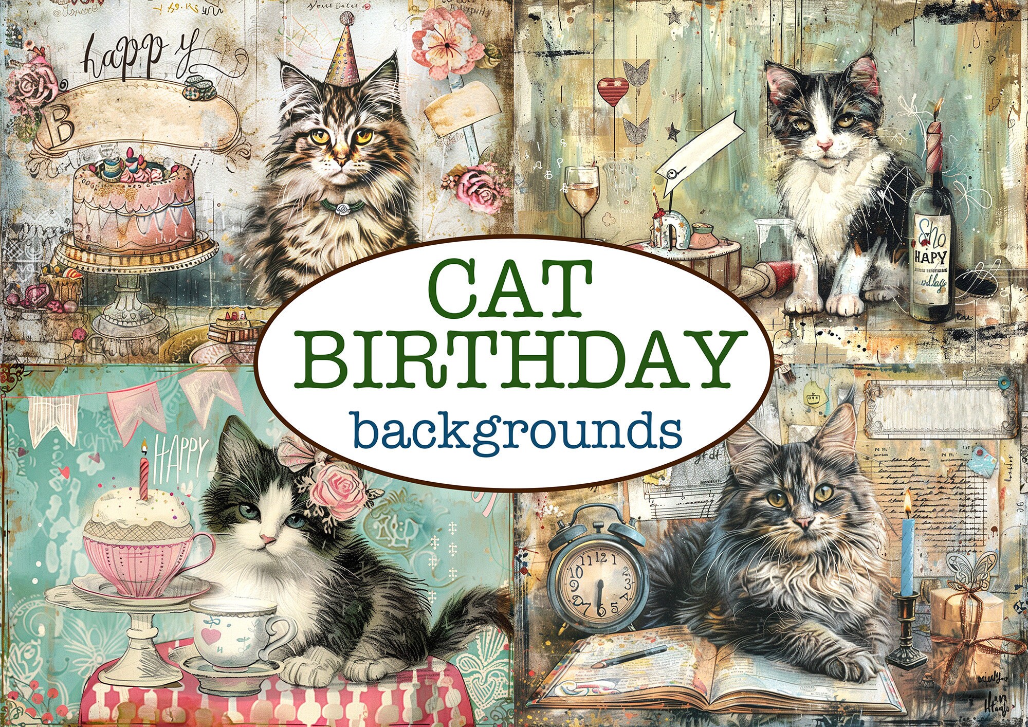 25 Printable BIRTHDAY CAT PAGES / Junk Journal / Animals Scrapbooking ...