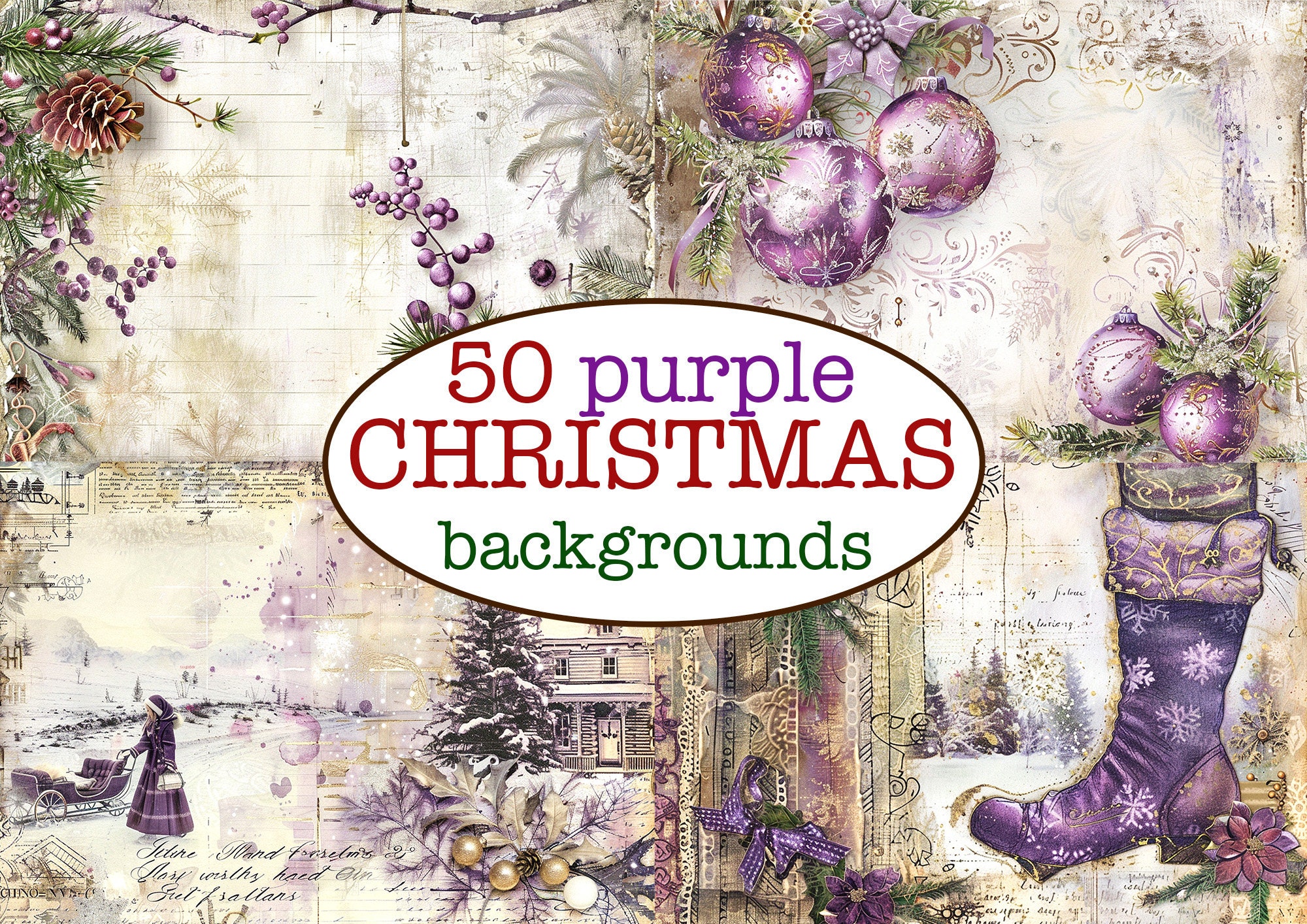 50 Printable PURPLE CHRISTMAS PAGES / Printable Junk Journal / Vintage ...