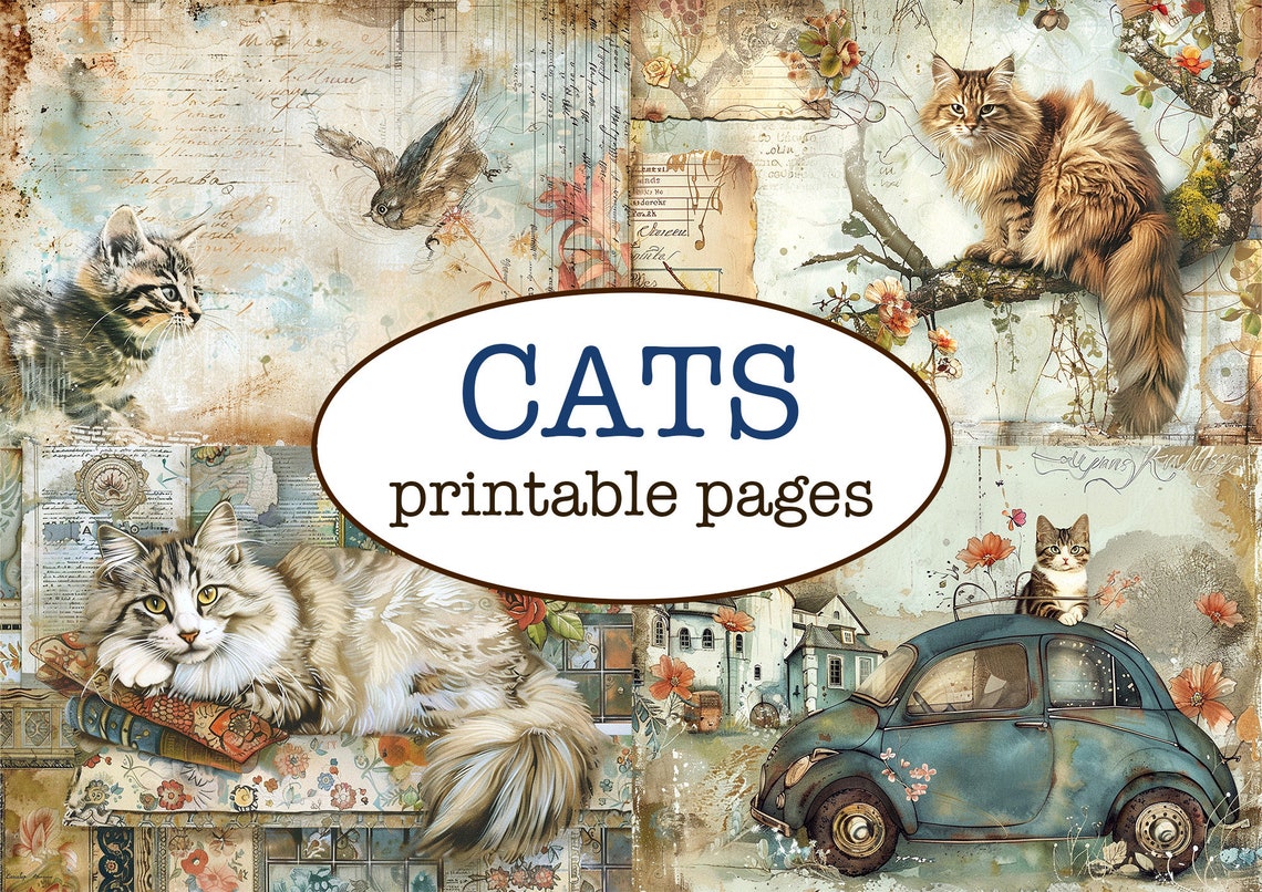 25 Printable CAT PAGES / Junk Journal / Animals Scrapbooking Paper ...