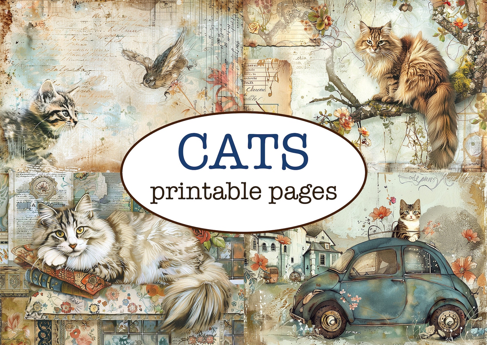 25 Printable CAT PAGES / Junk Journal / Animals Scrapbooking Paper ...