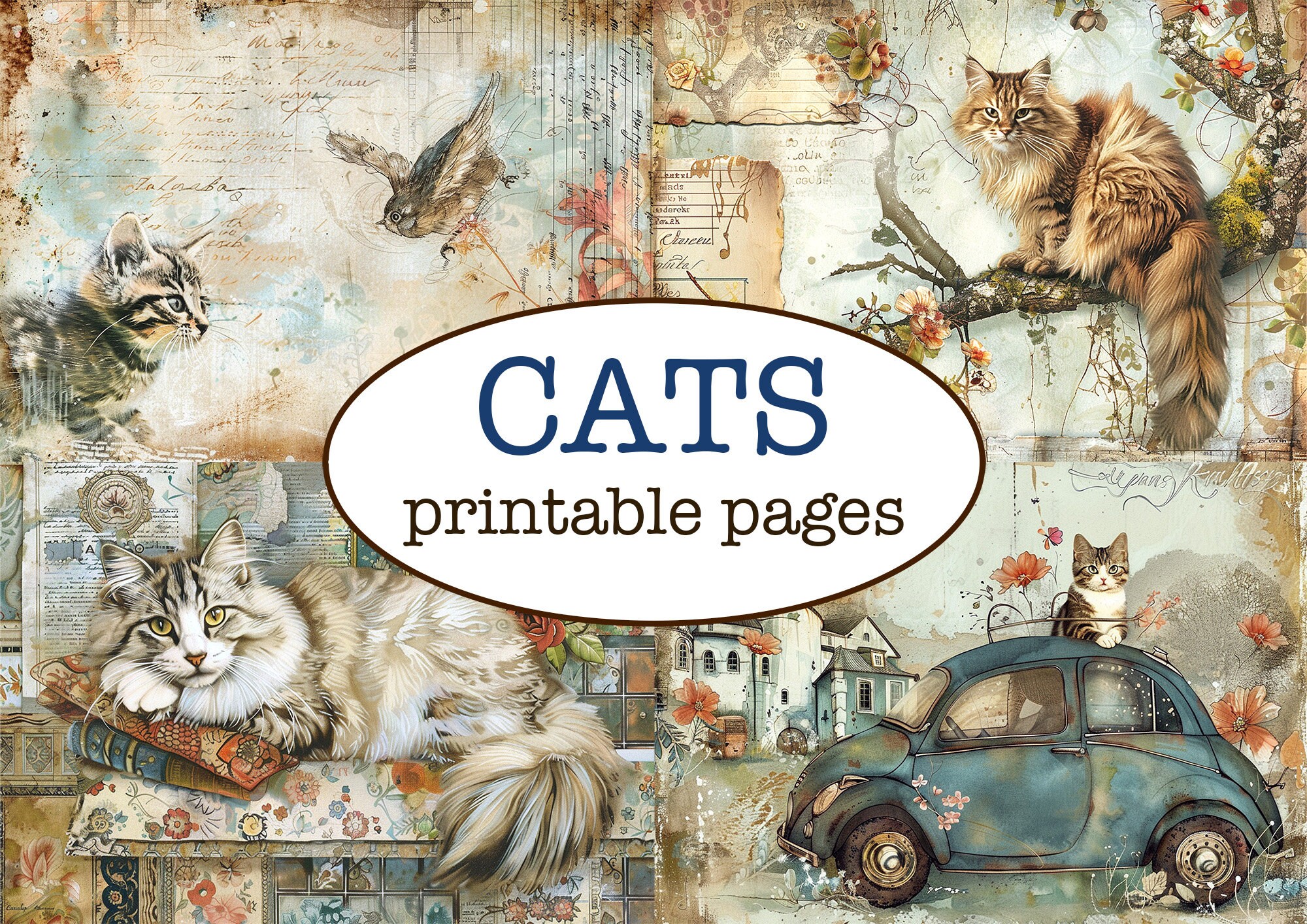 25 Printable CAT PAGES / Junk Journal / Animals Scrapbooking Paper ...