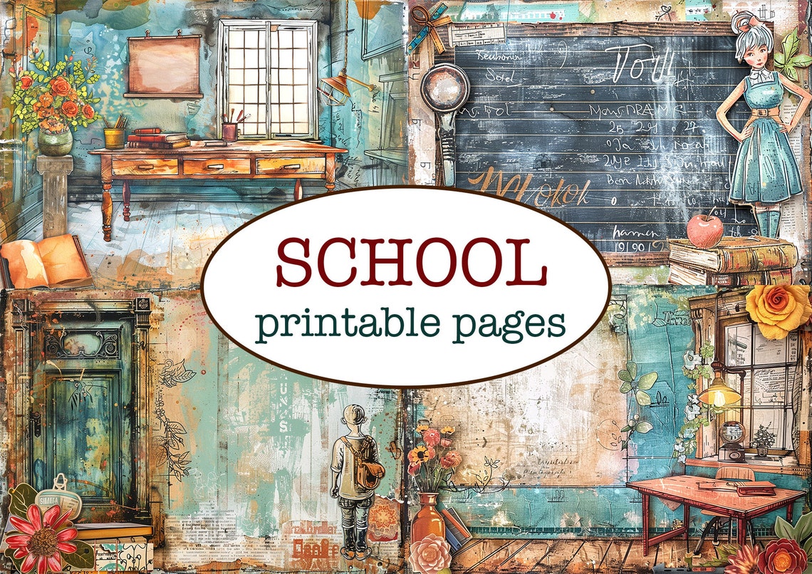 25 Printable SCHOOL Themed PAGES / Printable Junk Journal / Vintage ...