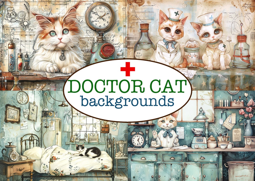 25 Printable DOCTOR CAT Backgrounds / Cat Junk Journal / Doctor ...