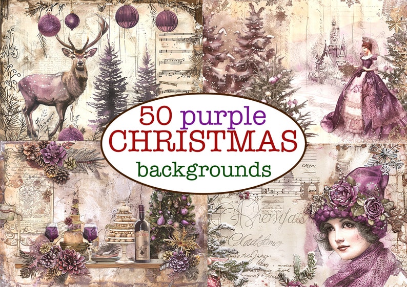 50 Printable PURPLE CHRISTMAS PAGES / Printable Junk Journal / Vintage ...