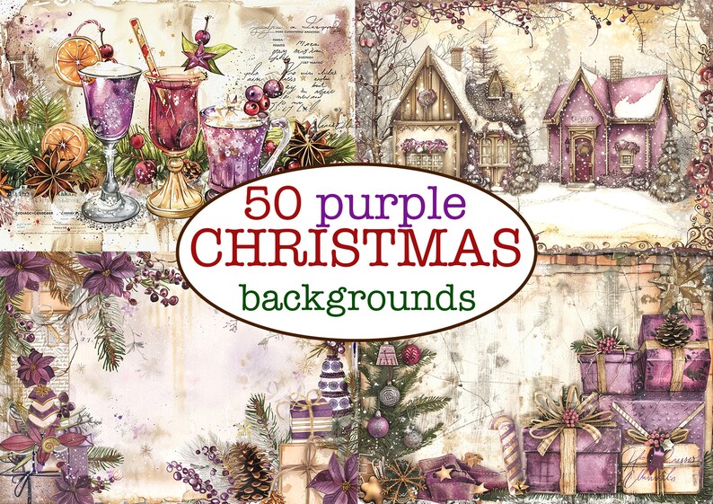 50 Printable PURPLE CHRISTMAS PAGES / Printable Junk Journal / Vintage ...