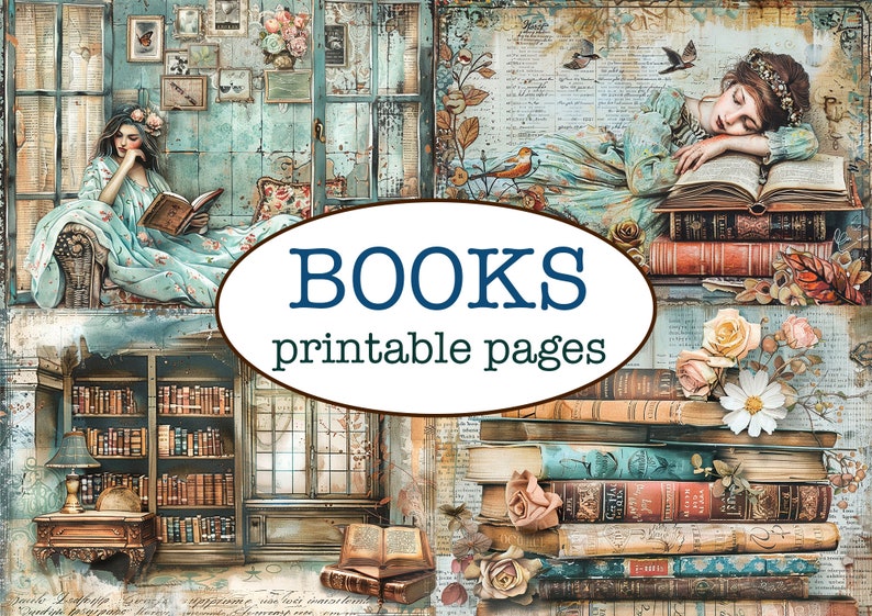 25 Printable BOOK PAGES / Reading Themed Junk Journal / Scrapbooking ...